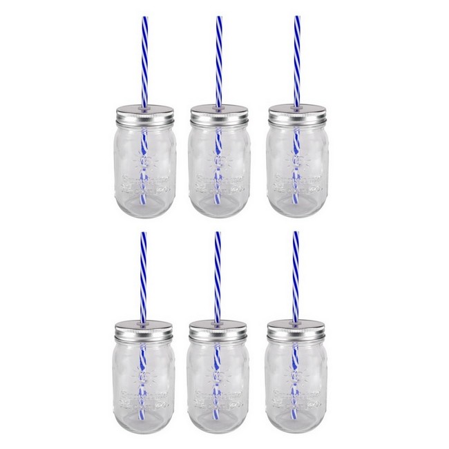 Sunshine Mason Co. Glass Mason Jar Set with Silver Lids and Blue Stripe ...
