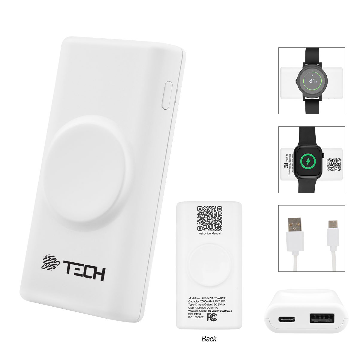 smart watch power bank with wireless charging and recycled abs