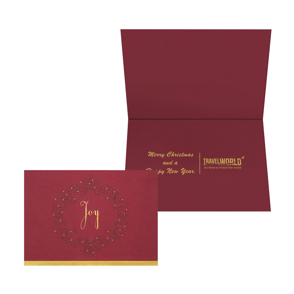 Premium Burgundy Joy Wreath Holiday Card | Myron Promotional Products